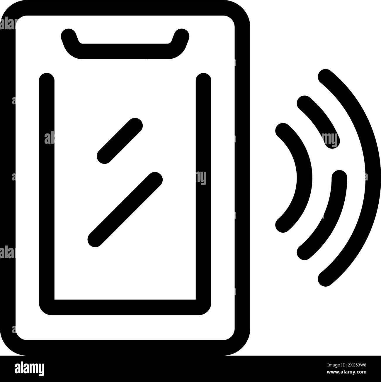 Simple black and white line art showing a smartphone emitting radio ...