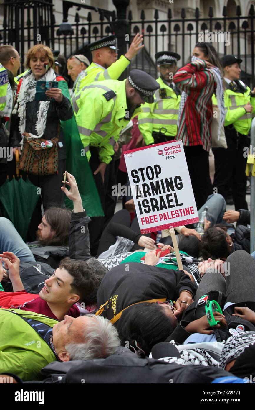 London, England, UK. 6th July, 2024. Protesters lay down in the road ...
