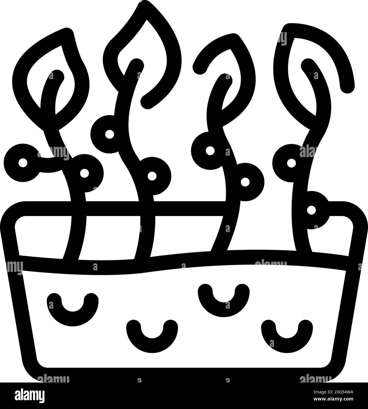 Line drawing of young plants growing from soil in a rectangular pot ...