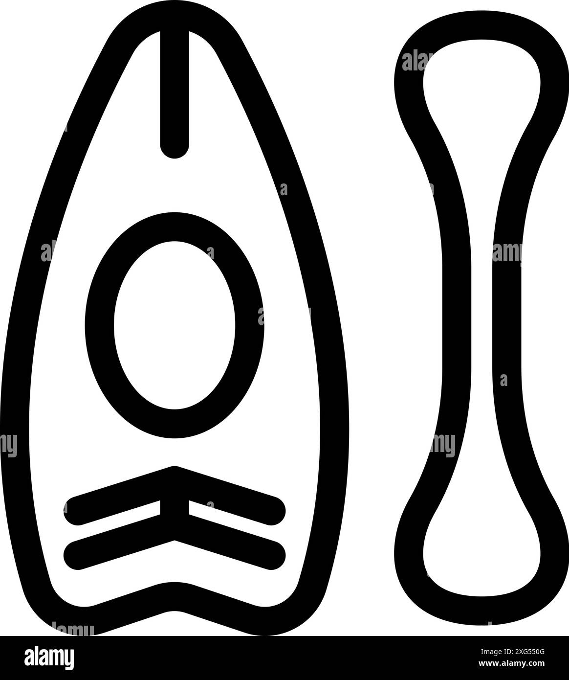 Simple black and white line art depicting a kayak with its paddle ...