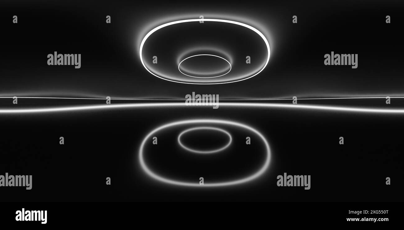 360 panorama of a white ring light reflection on black surface vr ...