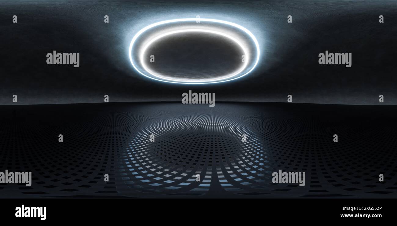 360 degree panorama of an empty room with a single circular light ...