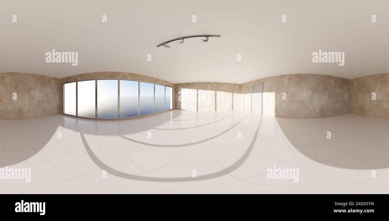 360 panorama of a modern empty room with large windows and city views ...