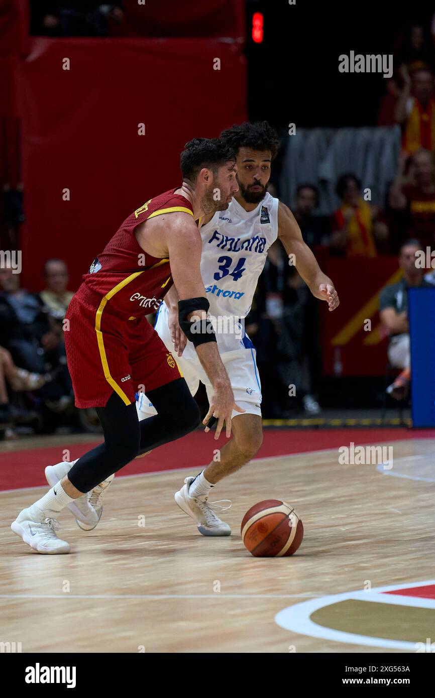 Rudy Fernandez from Spain team, Jacob Grandison from Finland team seen ...