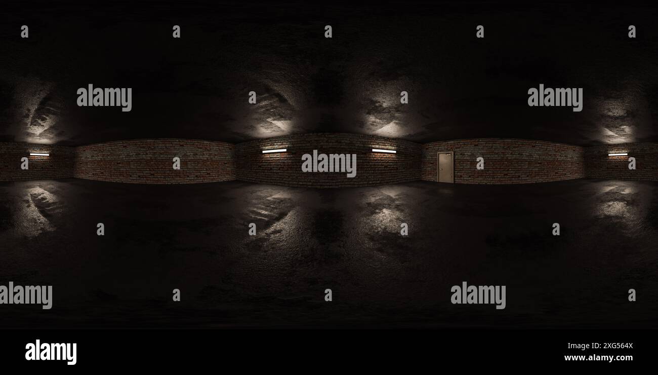 A 360-degree panorama of a brick tunnel interior illuminated by several ...