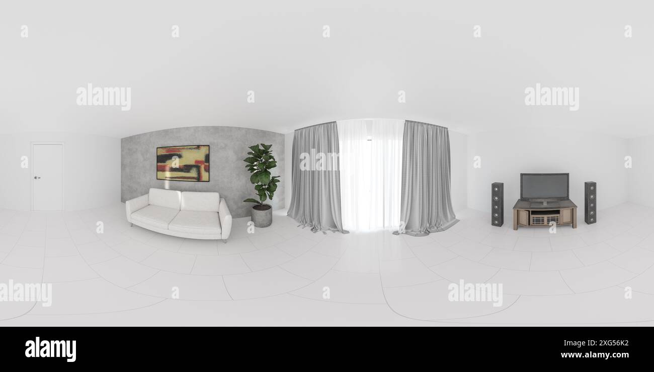 360 degree panorama of a modern living room with a white couch and grey ...