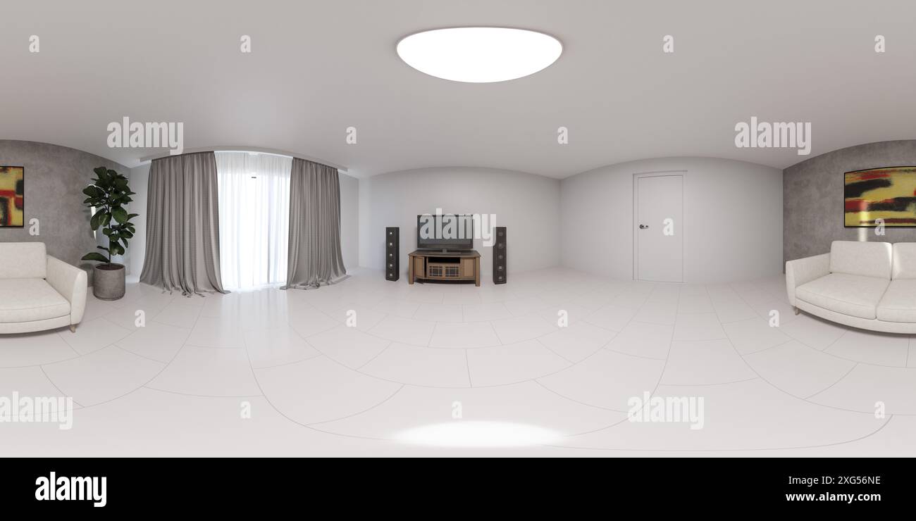 This 360-degree panorama shows a contemporary living room with white ...