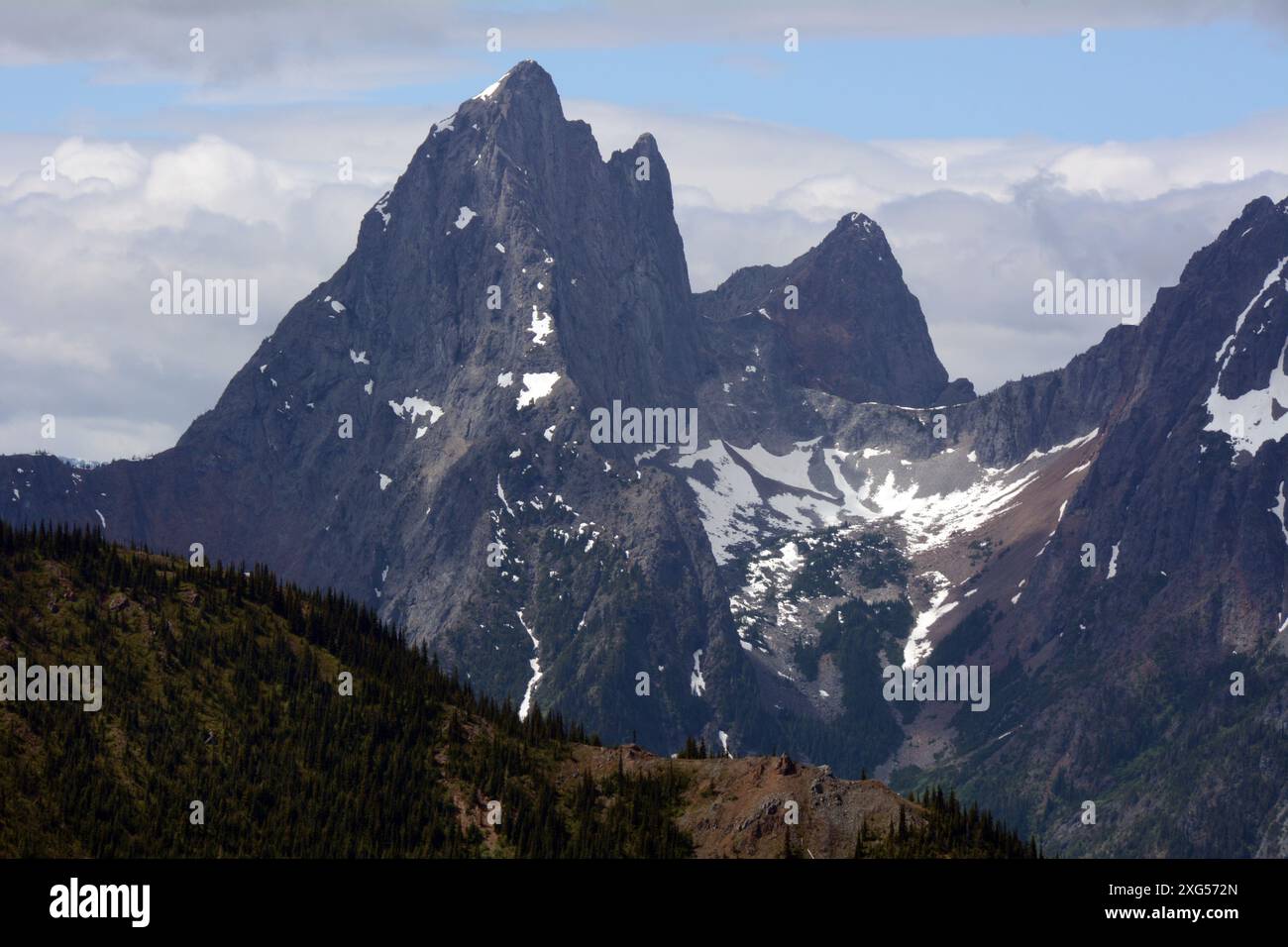 The rocky peaks of Hozomeen Mountain, as seen from Canada side of the ...