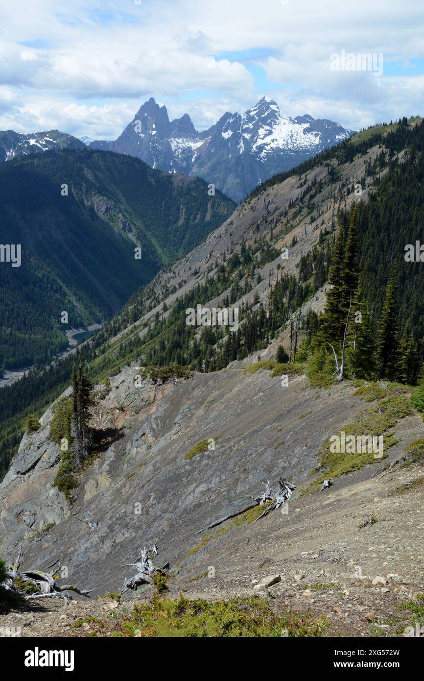 The rocky peaks of Hozomeen Mountain, as seen from Canada side of the ...
