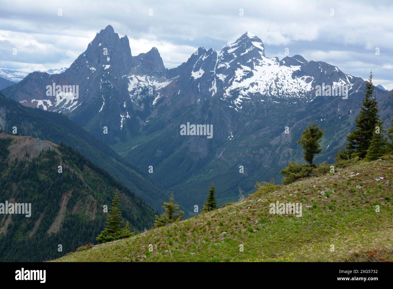 The rocky peaks of Hozomeen Mountain, as seen from Canada side of the ...