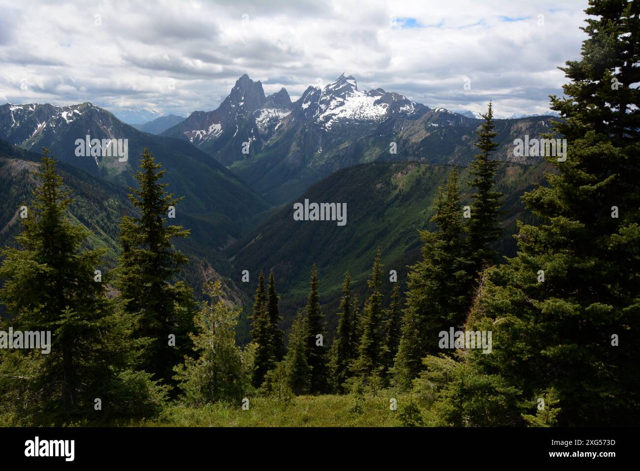 The rocky peaks of Hozomeen Mountain, as seen from Canada side of the ...