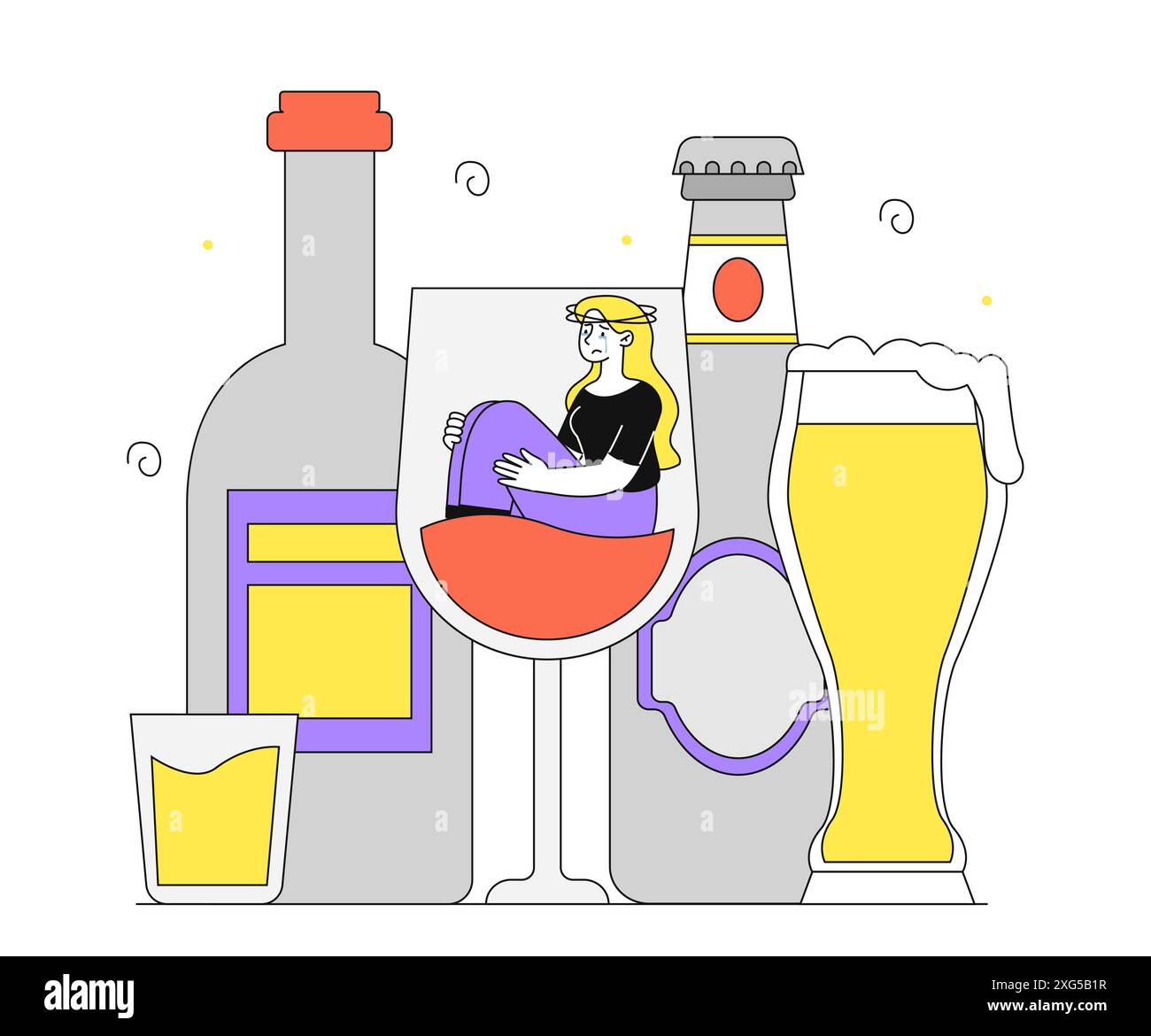 Woman with alcoholism. Young girl sits in glass. Negative feelings and ...