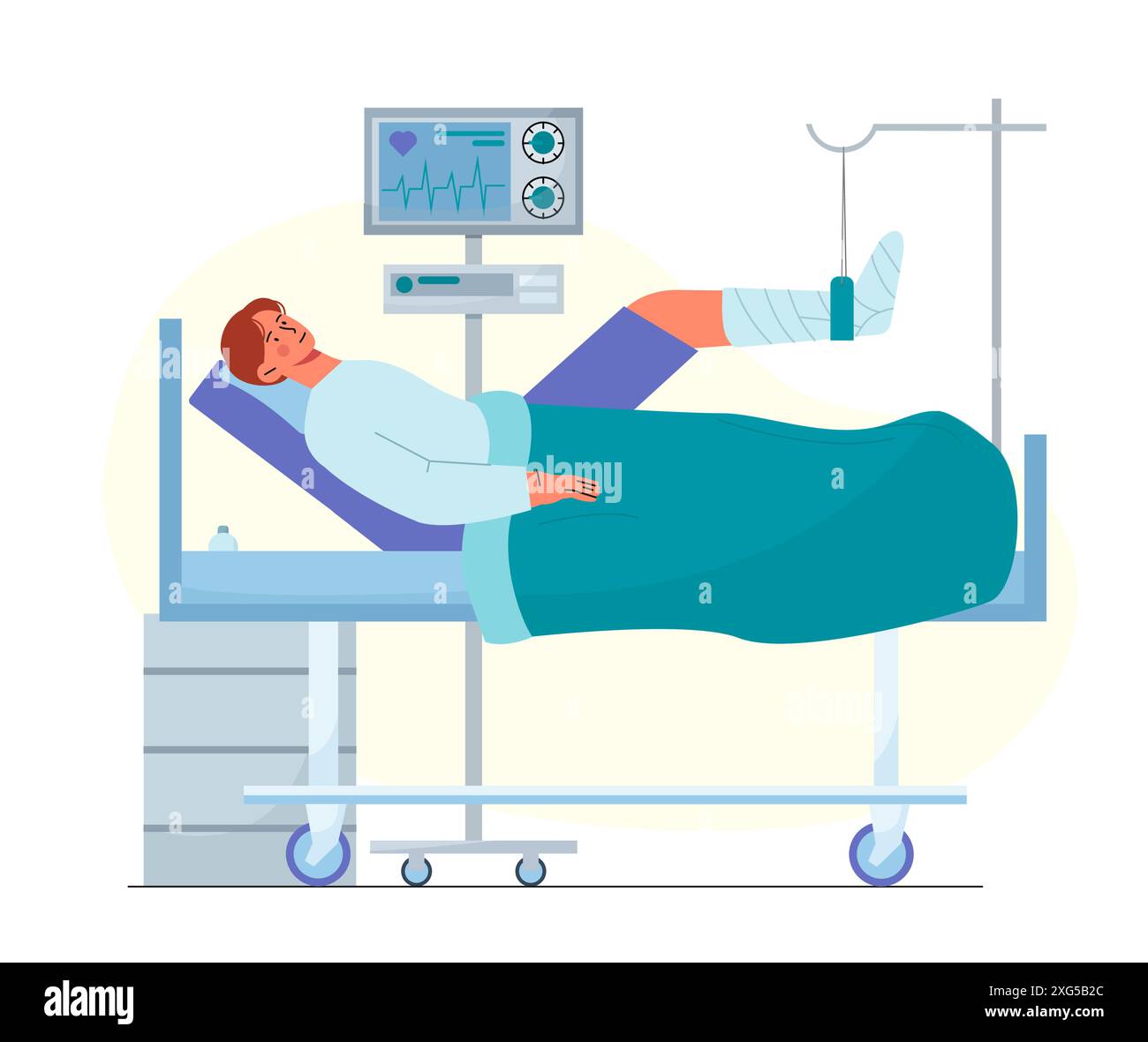 Man with broken leg. Young guy with broken bone lies in hospital room ...