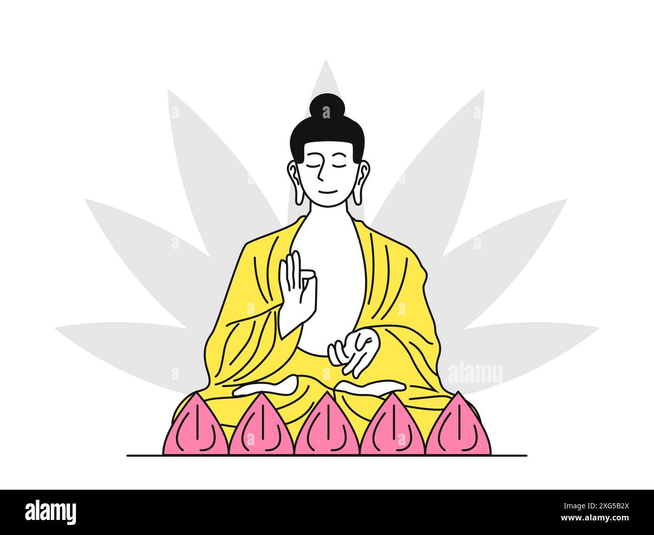 Concept of buddha. Man in yellow robe near pink petals. Tradition and ...