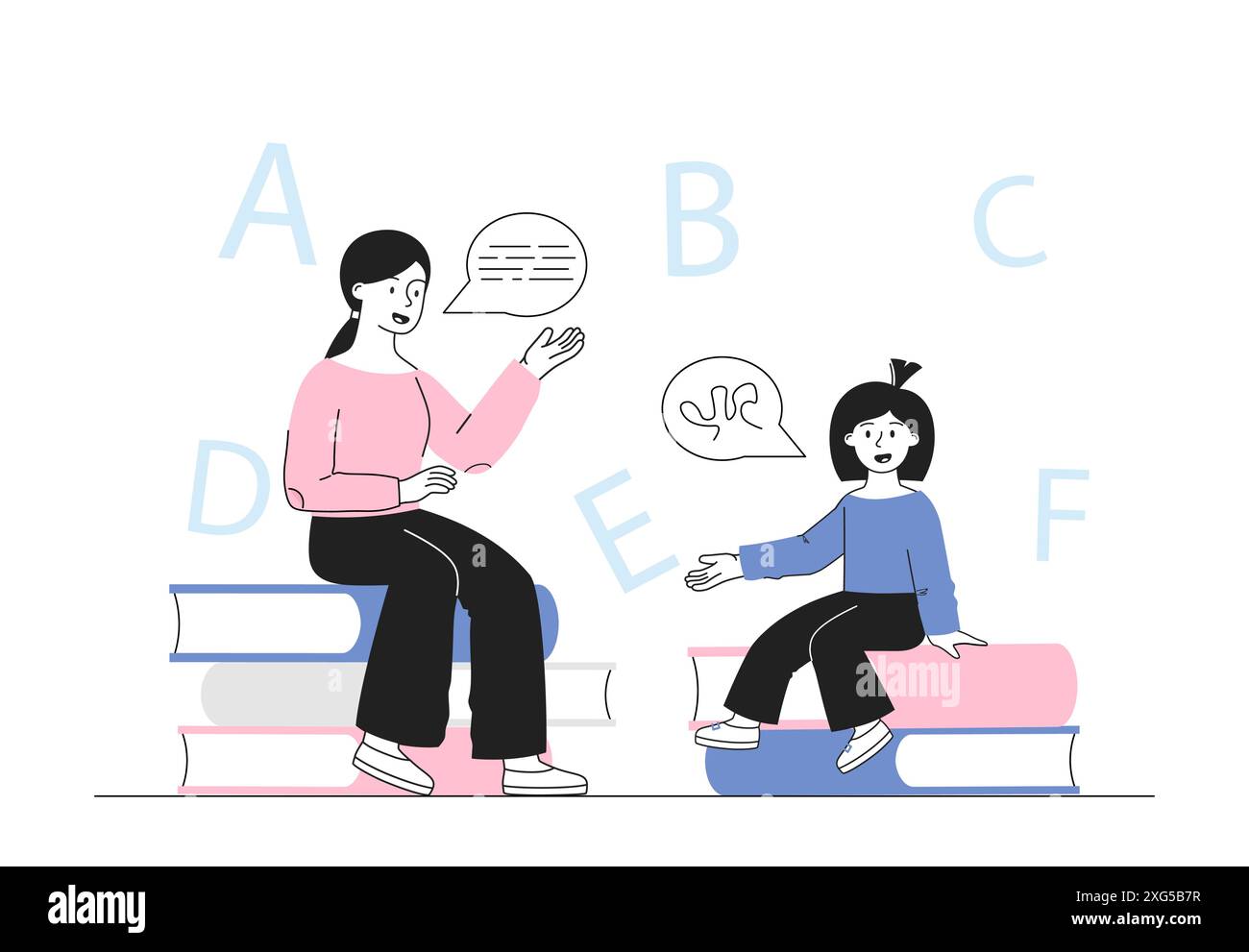 Child learns speak. Woman teaches girl to speak. Education and training ...