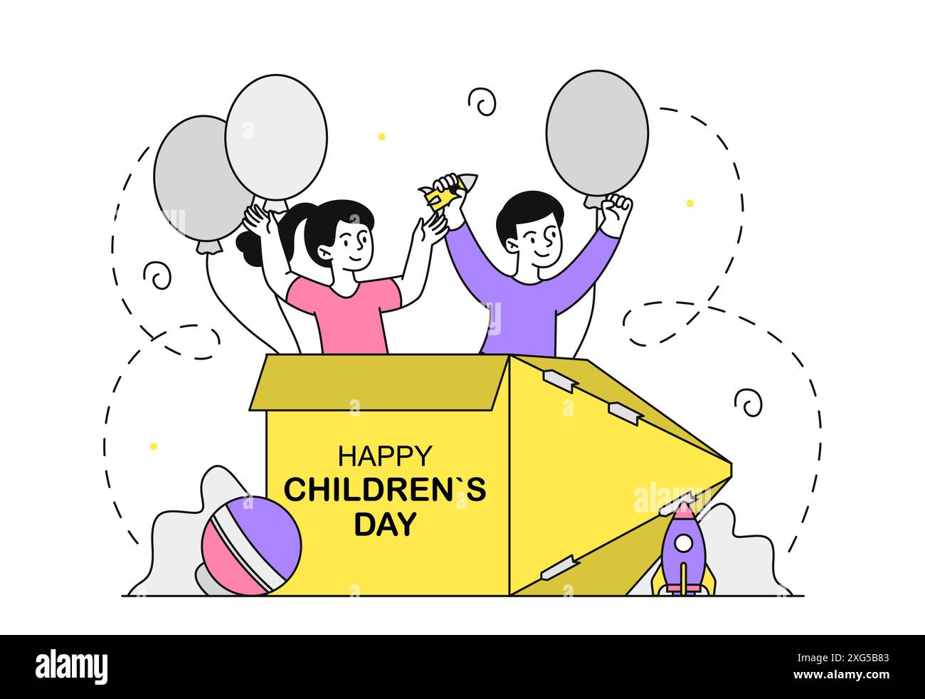 Happy childrens day. Boy and girl jump out of cardboard box with ...