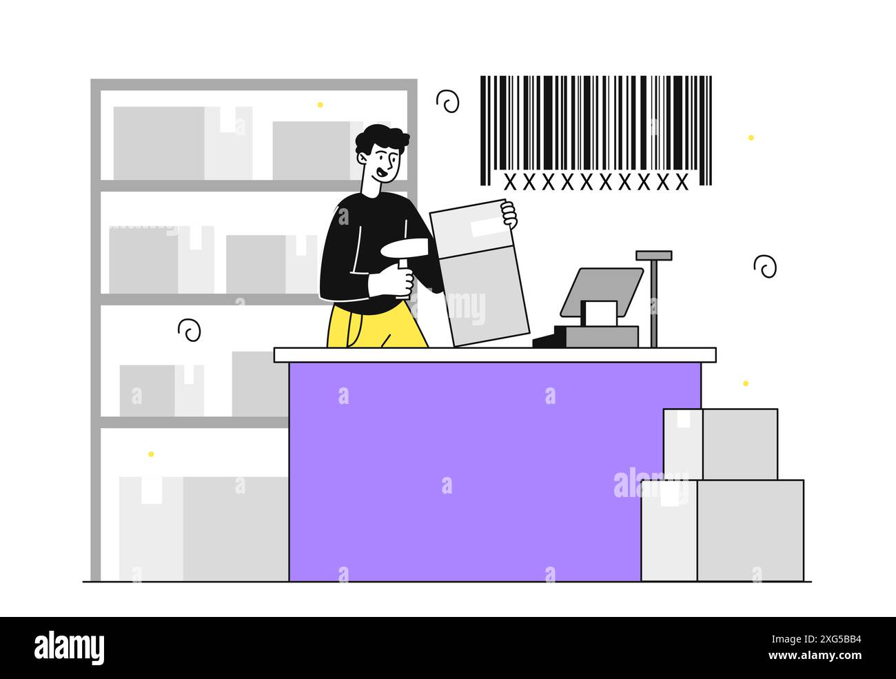 Man with barcode reader. Young guy scans qr code. Inventory and ...