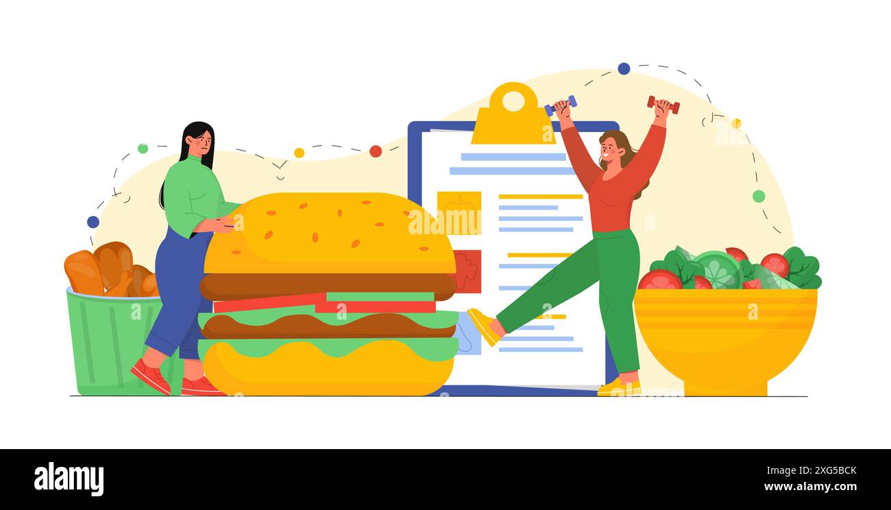 Woman thinking what to choose healthy eating versus fast food hi-res ...