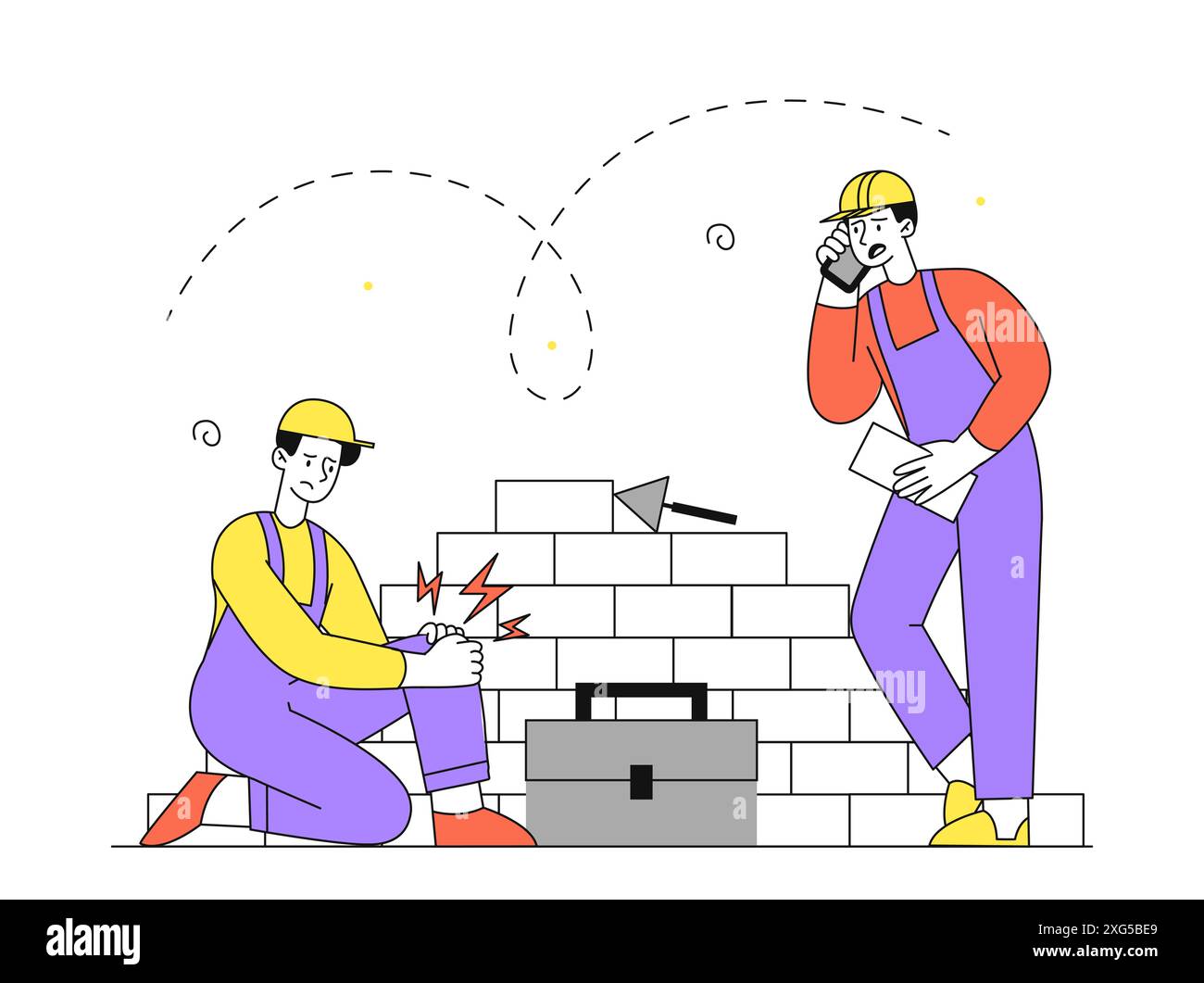 Construction site injury. Men in uniforms and safety helmets building ...