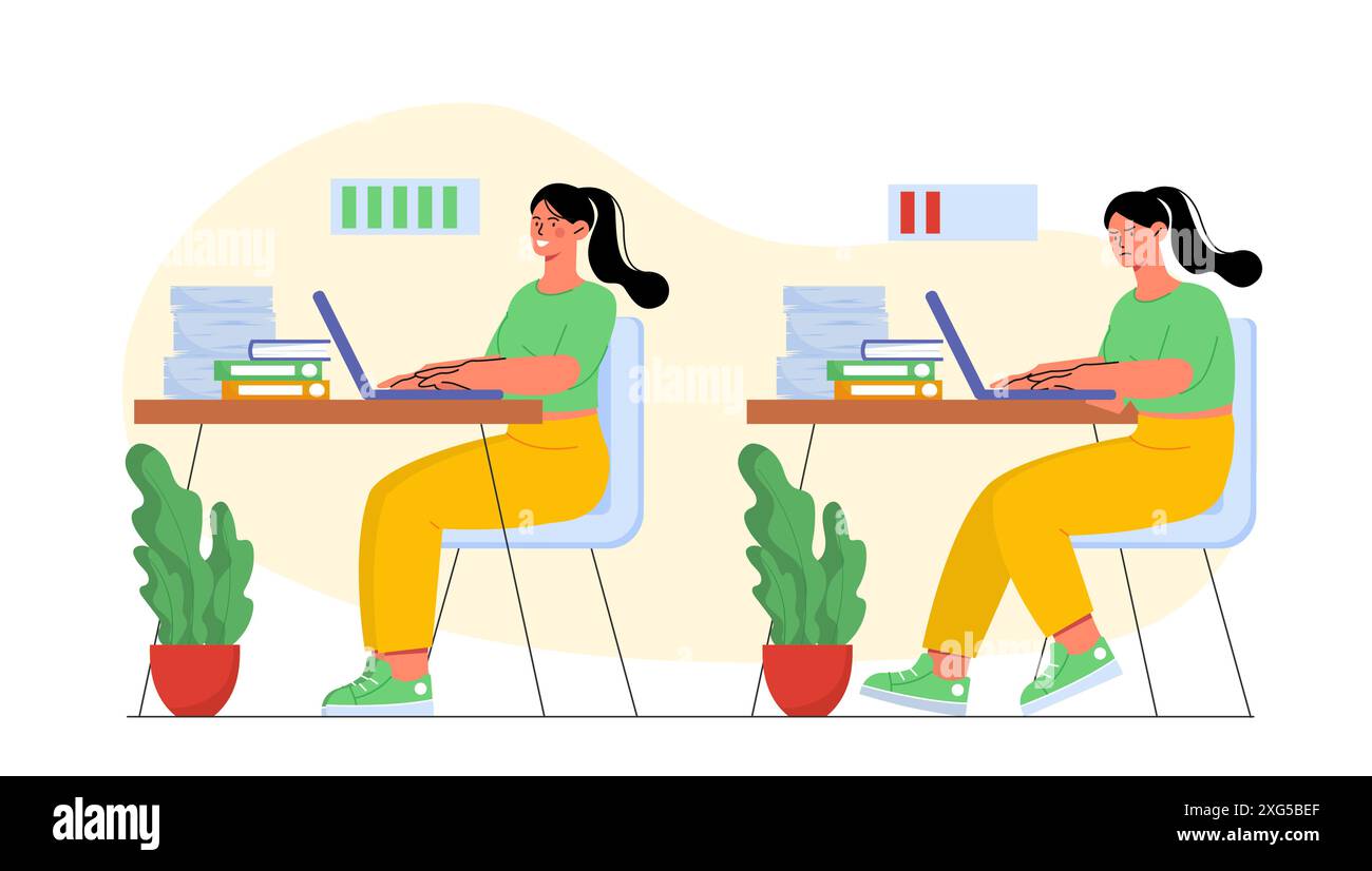 Fatigue at work. Woman with low and high energy levels. Mental burnout ...