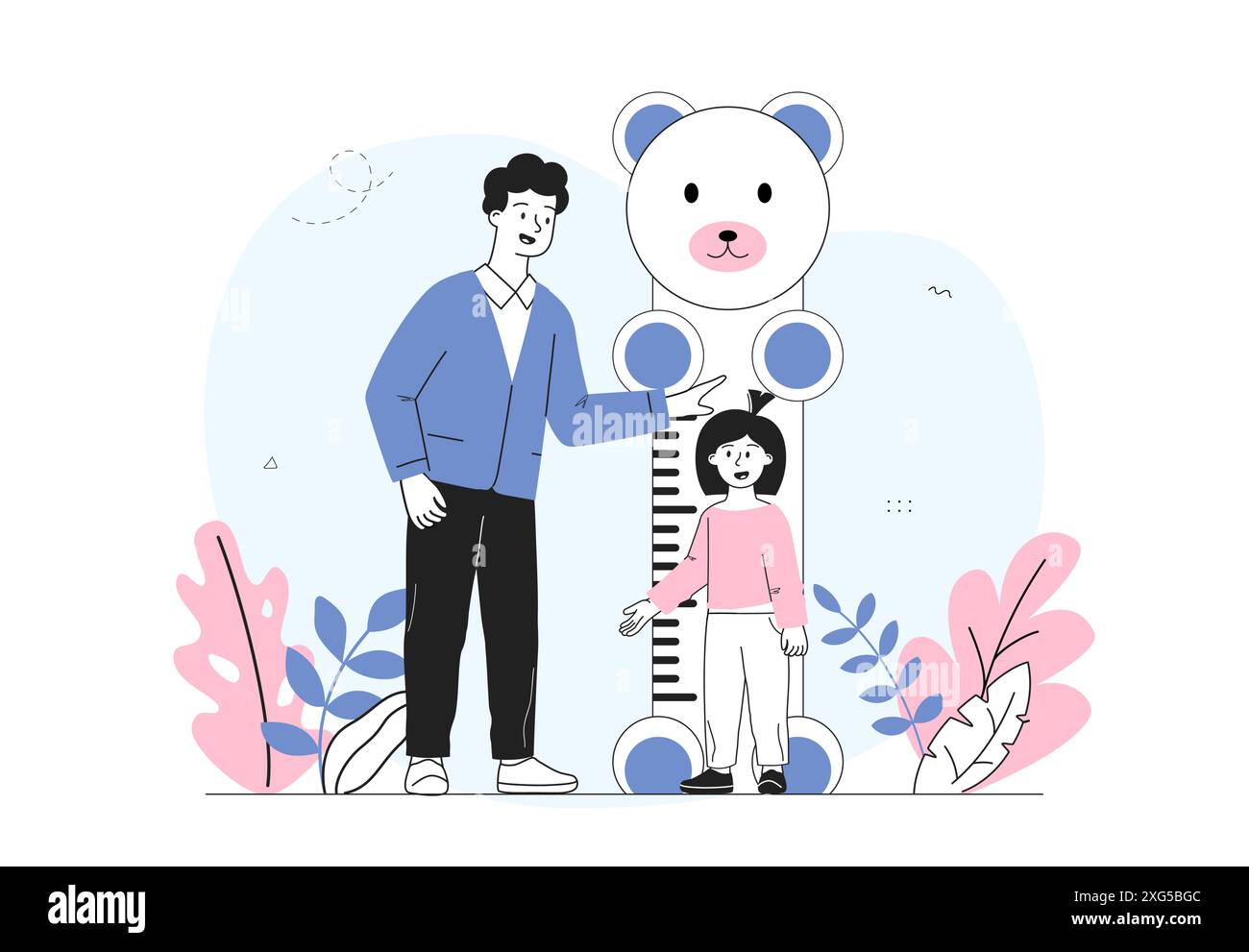 Growth measurement concept. Man and girl standing near tape measure ...