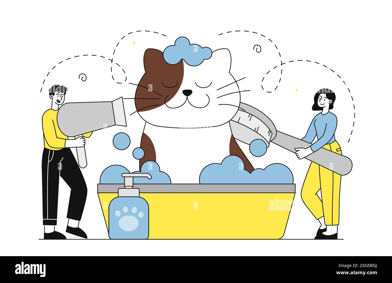 Cat with grooming. Man with hairdryer and woman with brush wash kitten ...