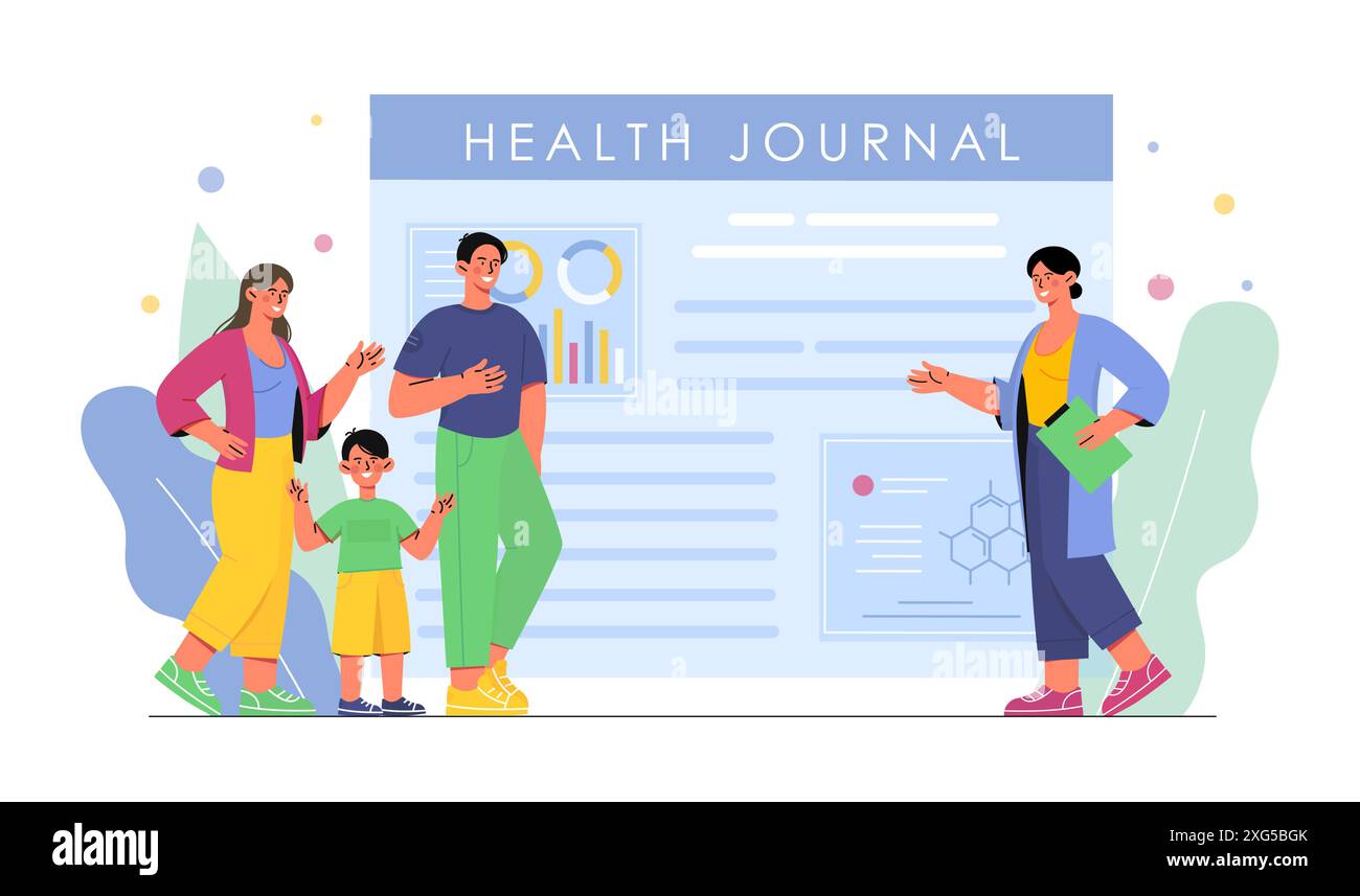 Health journal concept. Doctor consults family. Infographics and ...