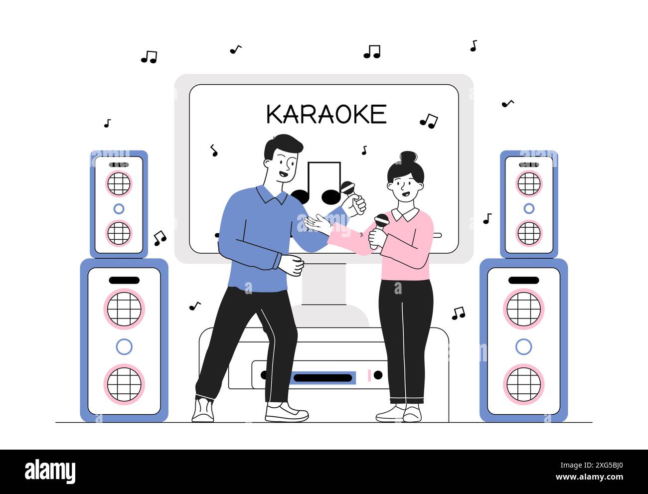 People in karaoke. Man and woman with microphones sing song. Friends ...