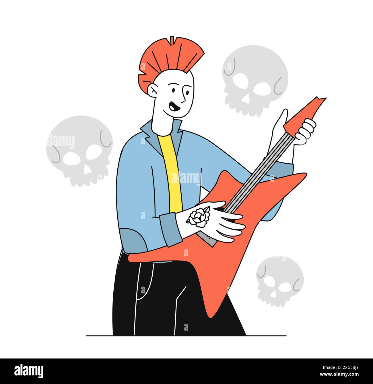 Informal with electric guitar. Punk with musical instrument performing ...