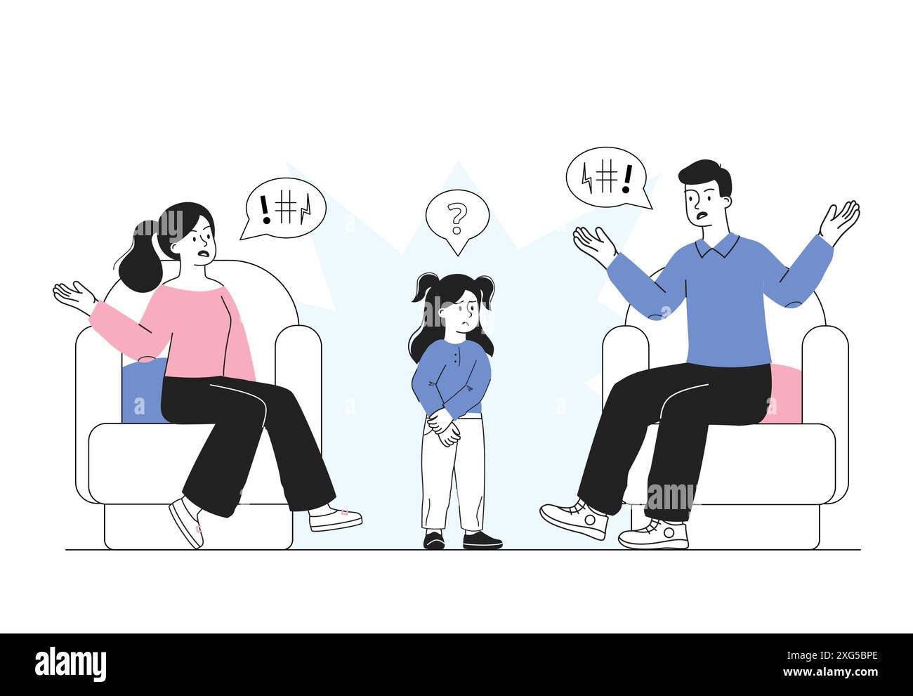 Parents quarrel concept. Man and woman yell at each other. Kid look at ...