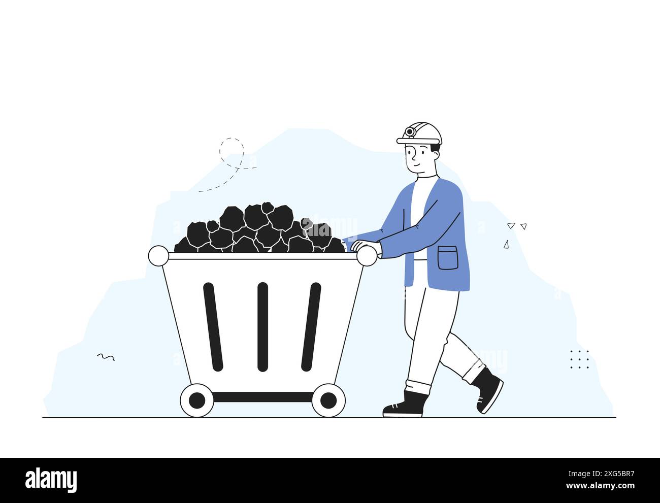 Man Miner Concept Man In Protective Helmet Pushing Cart With Coal Mining In Dungeon And Mine