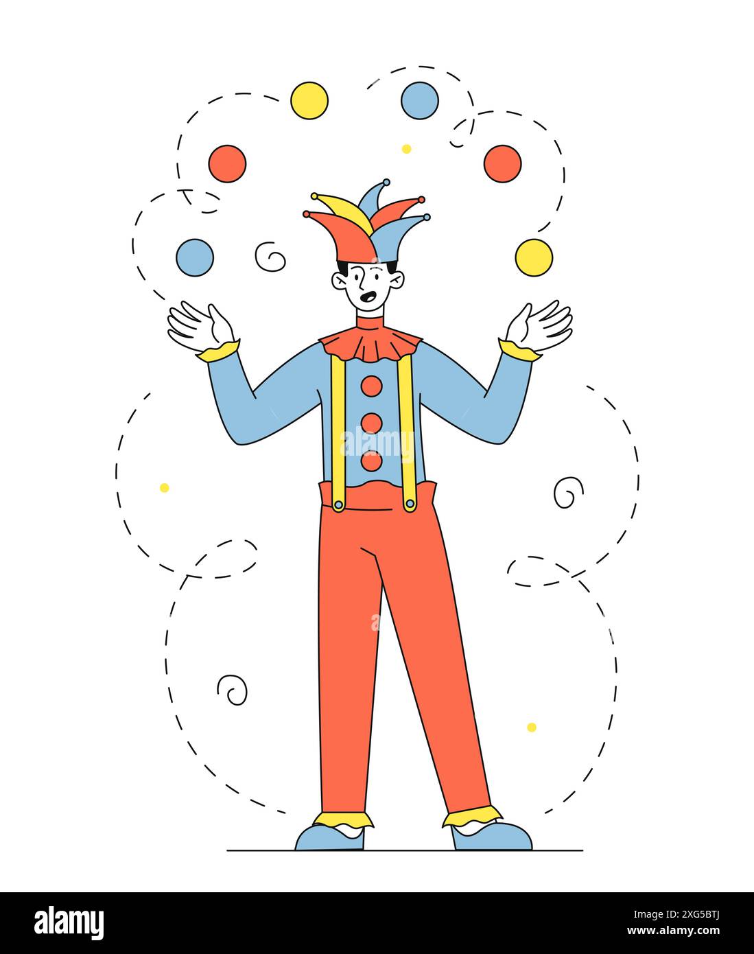 Jester perform concept. Man in bright clothes and clown mask juggles ...