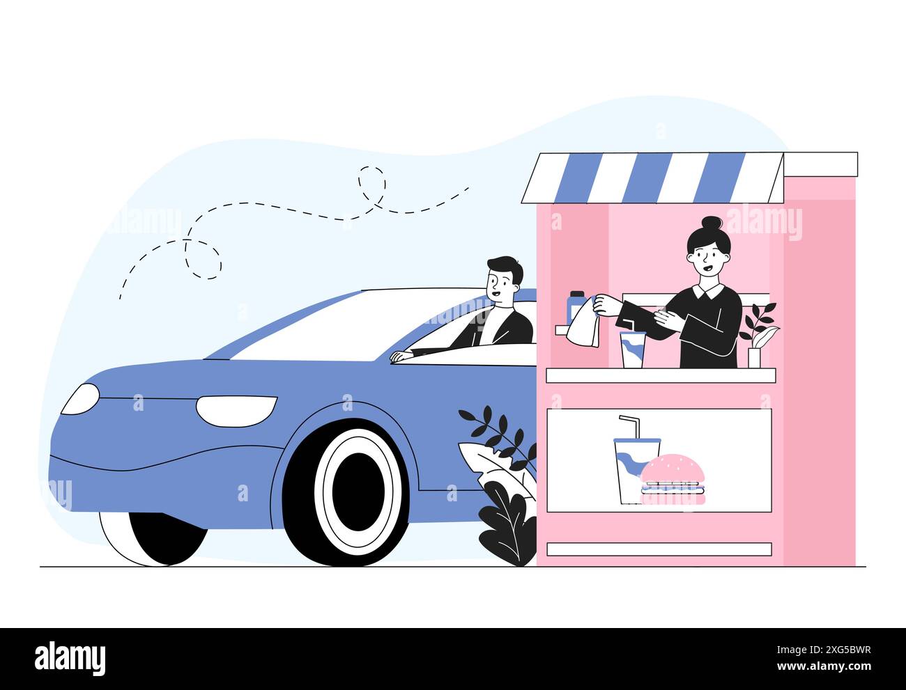 Order from car. Man in automobile orders fast food from cafe. Catering ...