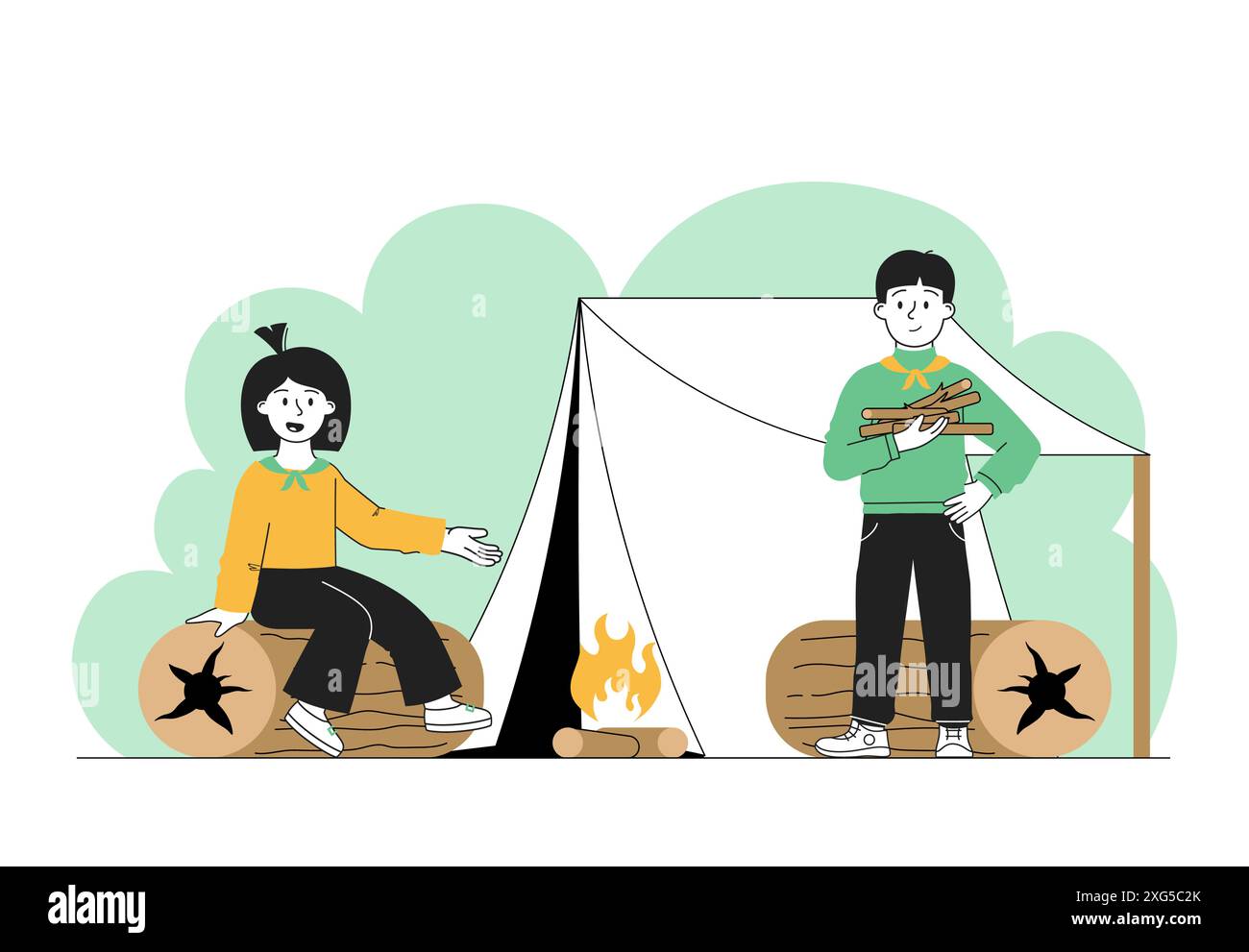 Scouts kids with tent. Boy and girl near fire. Children with active ...
