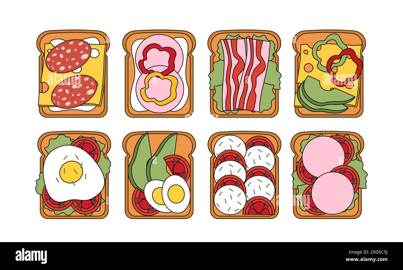 Set of sandwiches. Fried bread with vegetables and eggs. Healthy ...