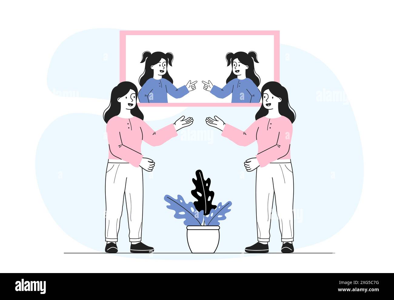 Twins girls concept. Women near mirror pointing at each other. Two ...