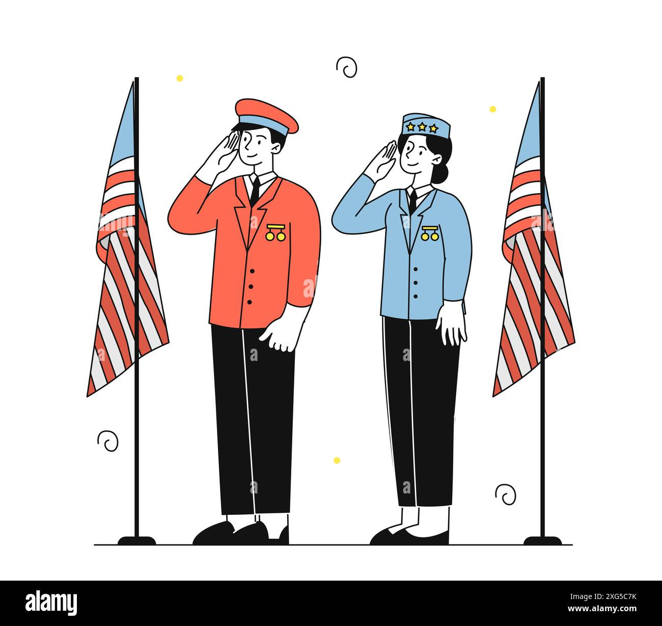 Soldiers veterans concept. Man and woman in uniform salute. Patriotic ...
