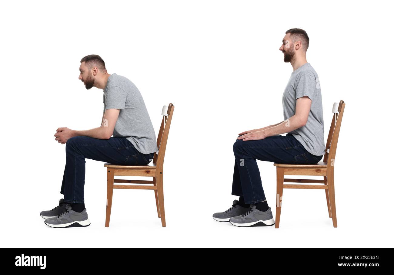 Man with poor and good posture sitting on chair on white background ...