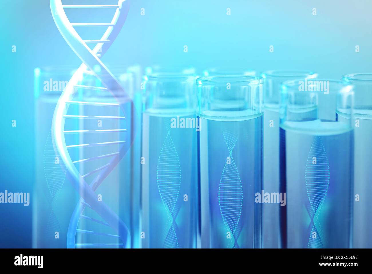 Illustrations of DNA and test tubes with samples, double exposure Stock ...