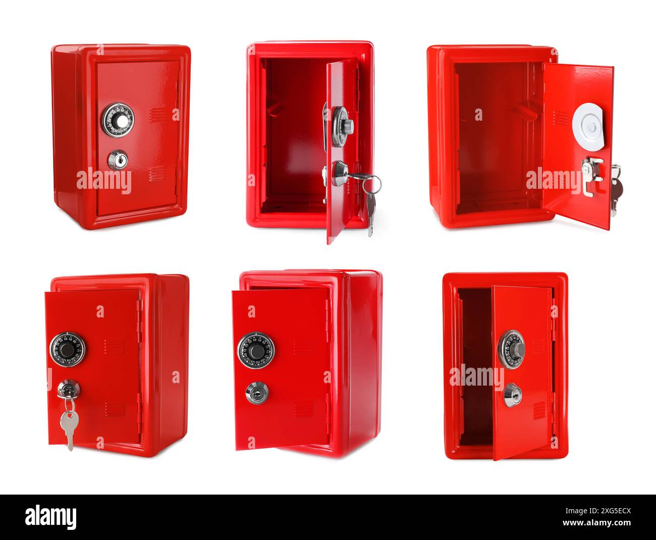 Red steel safe with mechanical lock isolated on white, collage Stock ...
