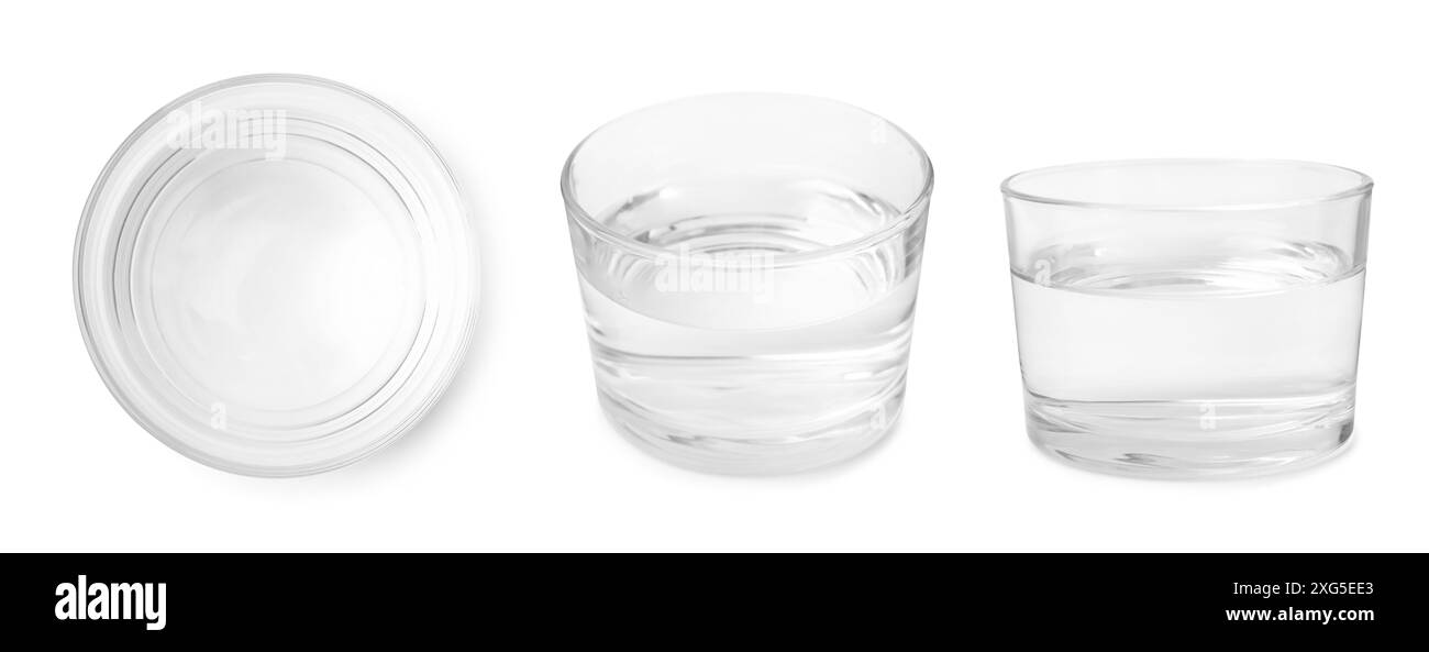 Vinegar in glass isolated on white, collage. Top and side views Stock ...