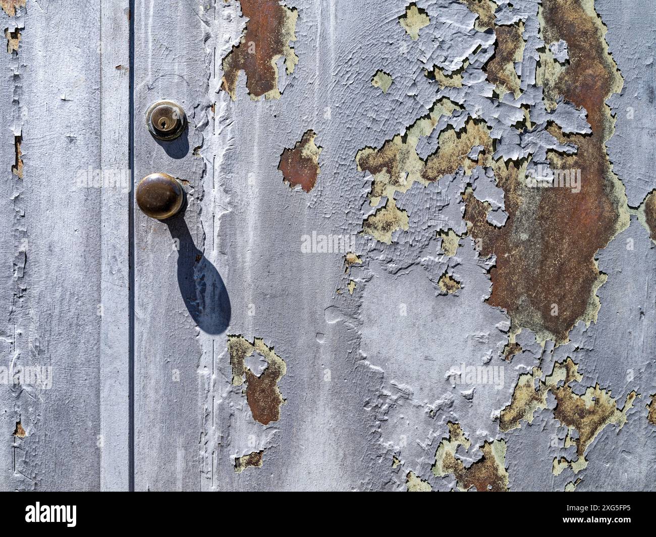 The knob on a rusty corroded metal door with peeling paint Stock Photo ...