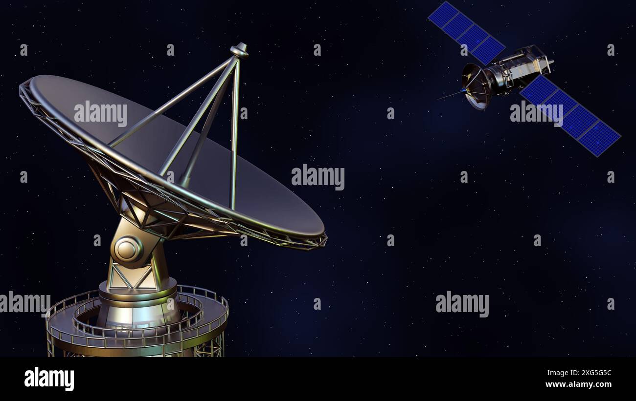 3d rendering of a satellite in orbit beams data down to a network of ...
