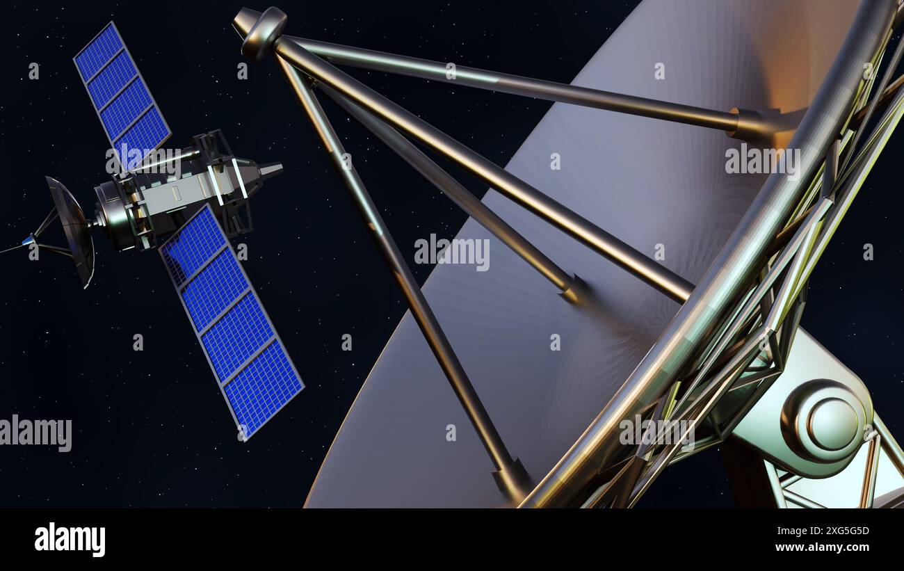 3d rendering of a satellite in orbit beams data down to a network of ...