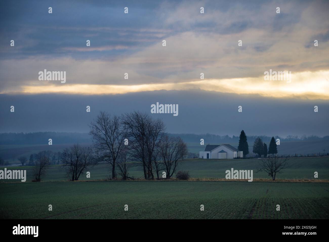 Evening landscape, sky with clouds over the meadows and forest Stock ...