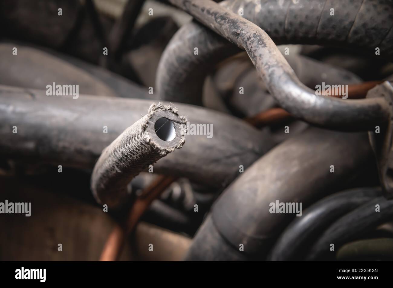 Rubber pipes and hoses leading from the car radiator to the engine ...