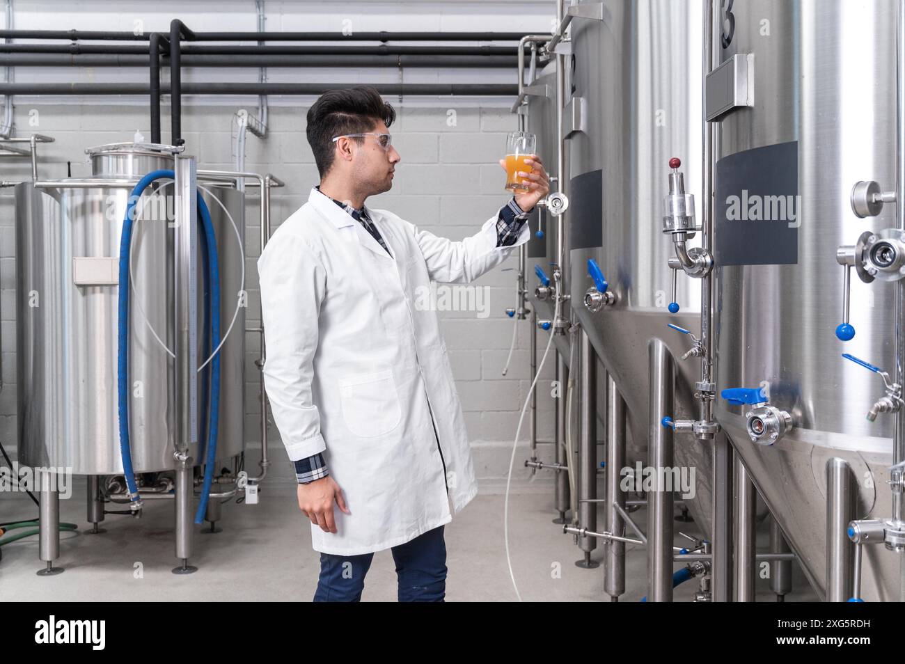 Brewer wearing white coat controlling process of beer fermentation ...