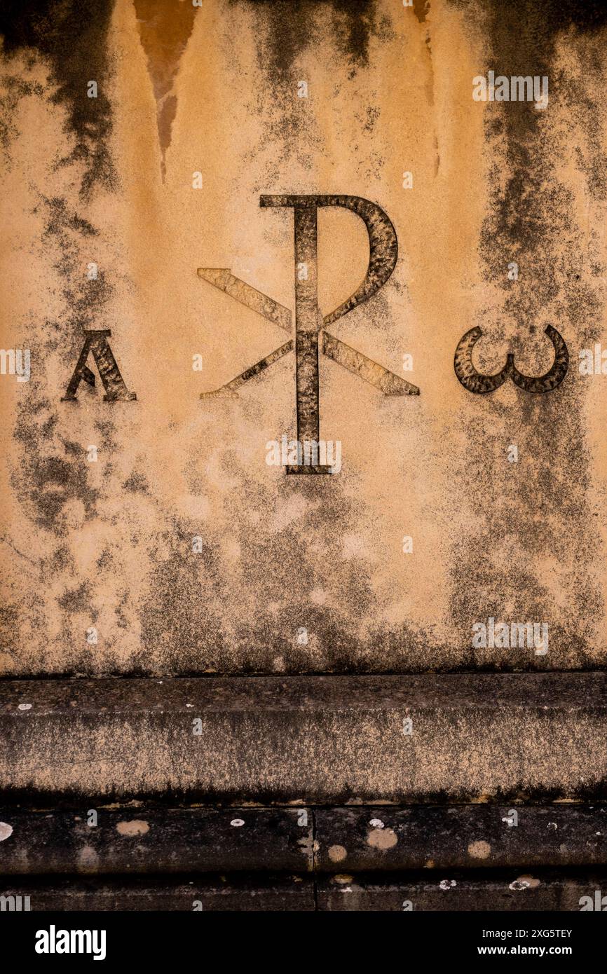 Monogram of Christ, alpha and omega, Alaro Cemetery, Mallorca, Balearic ...