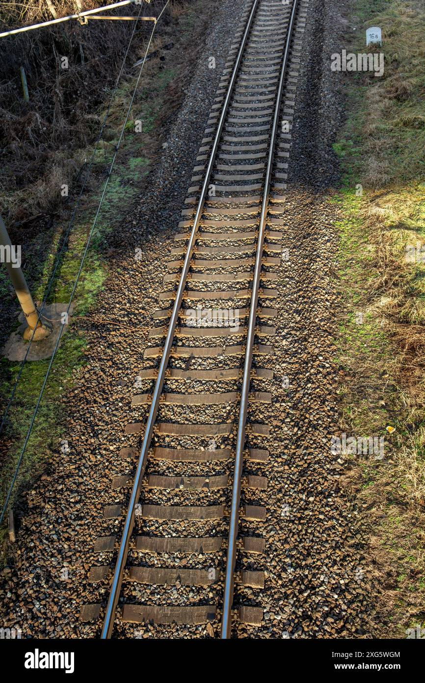 Single track railway line. Empty straight single-way railway line at sunny day Stock Photo - Alamy