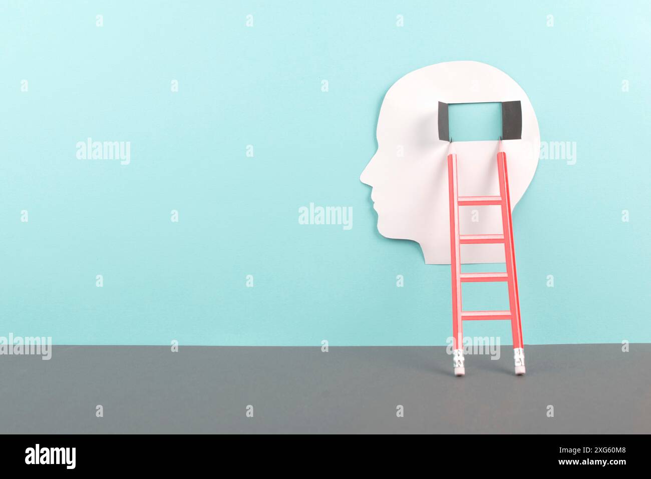 Silhouette of a man, window to the brain, ladder of success, open ...